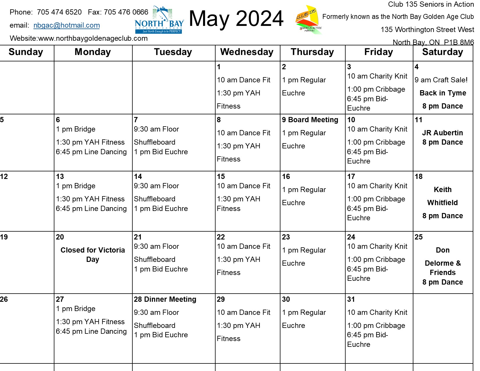Events Calendar - North Bay Golden Age Club