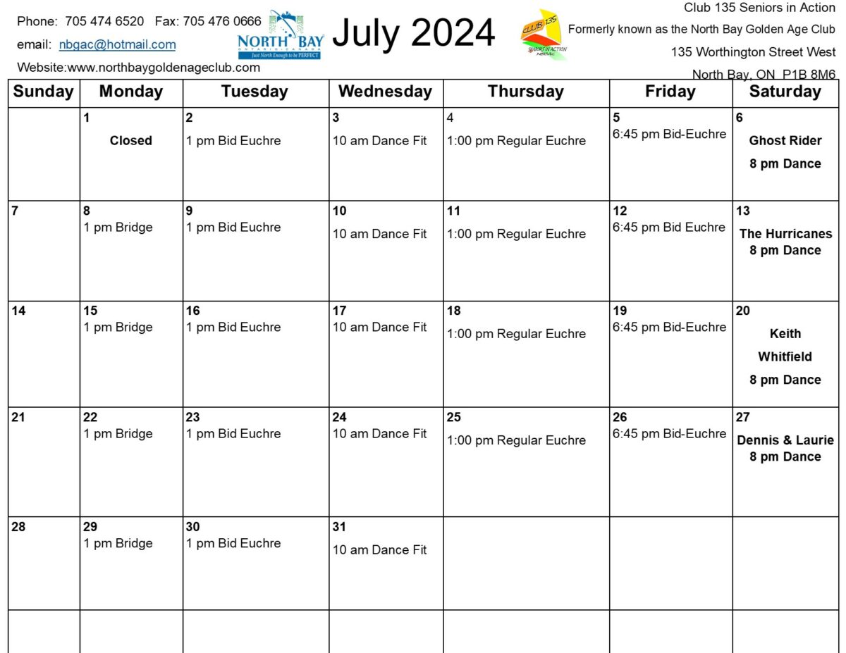 Events Calendar - North Bay Golden Age Club
