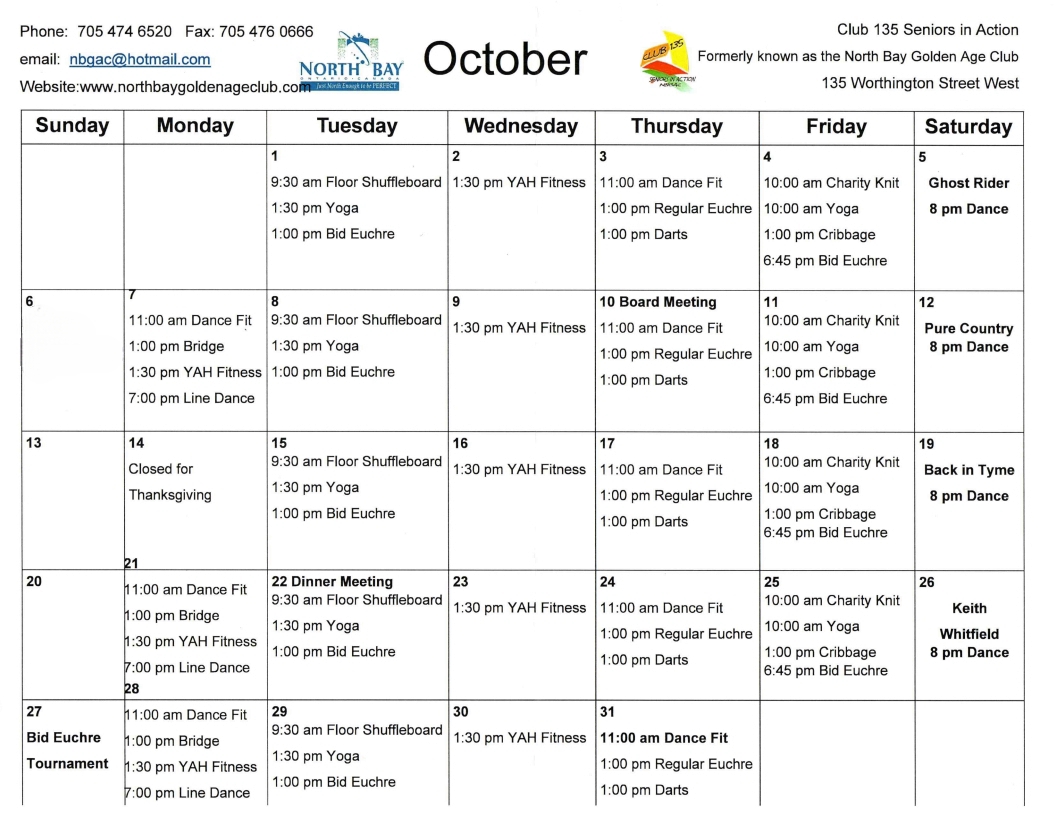 Events Calendar - North Bay Golden Age Club