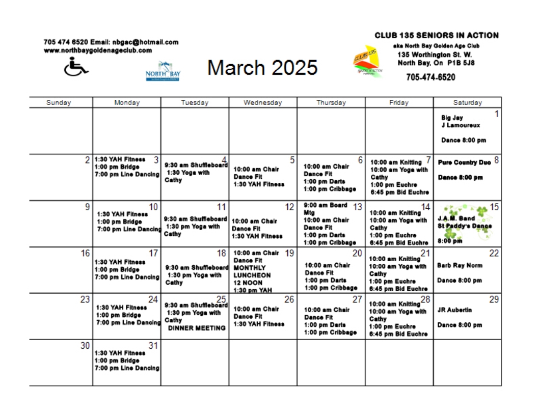 Events Calendar - North Bay Golden Age Club